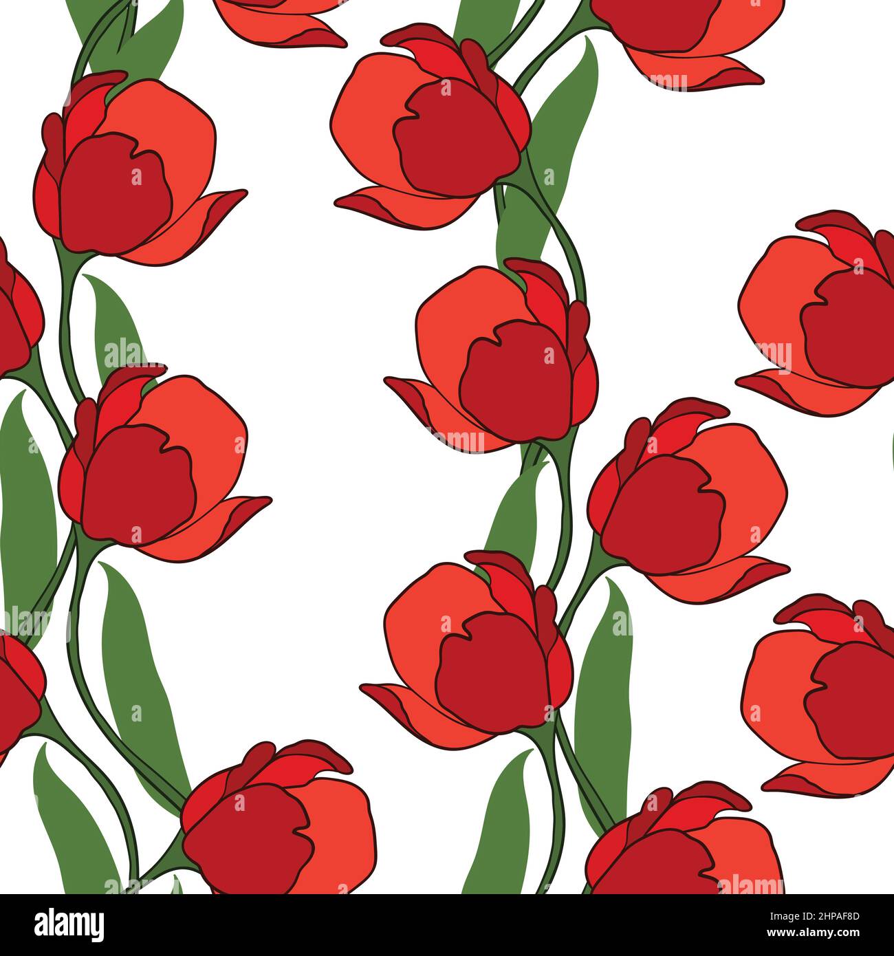 Spring colorful vector illustration with red tulips. Cartoon style ...