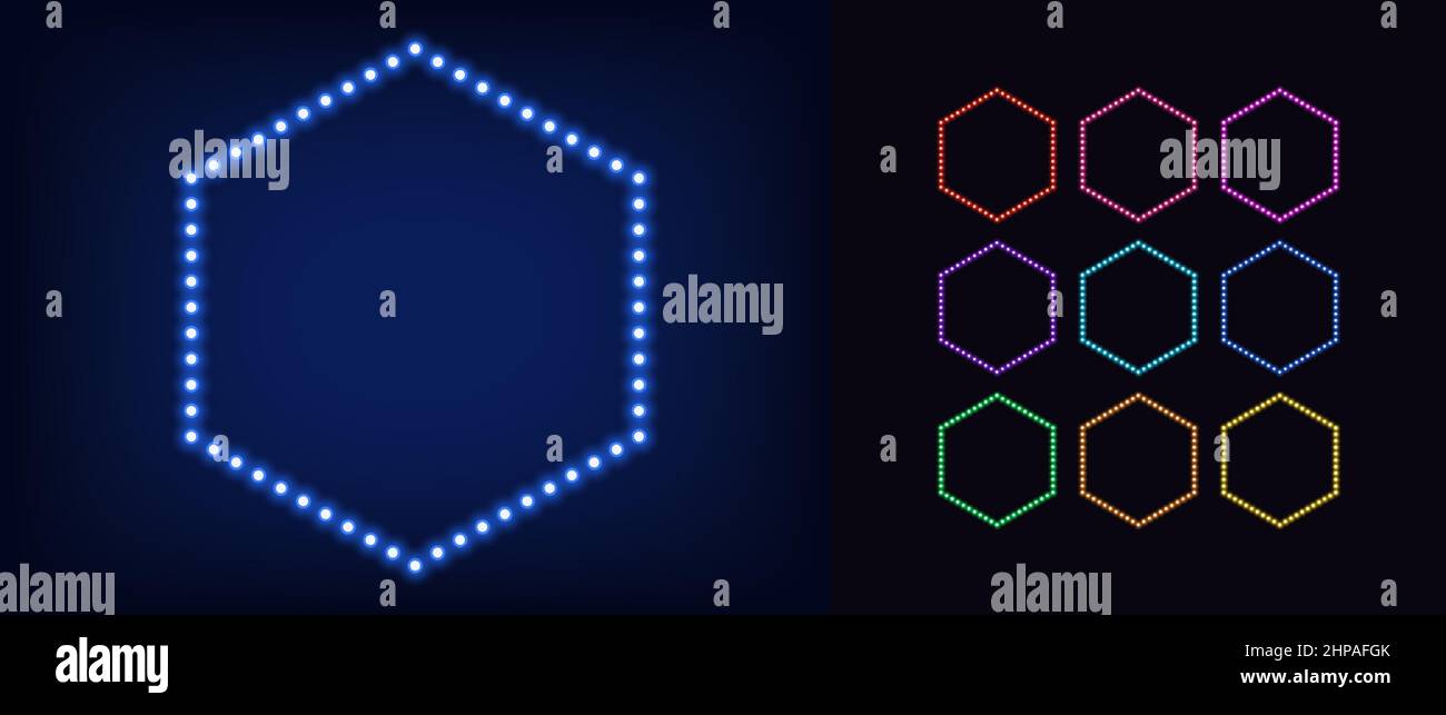 Neon hexagon frame with lamps. Glowing neon hexagon border set with ...