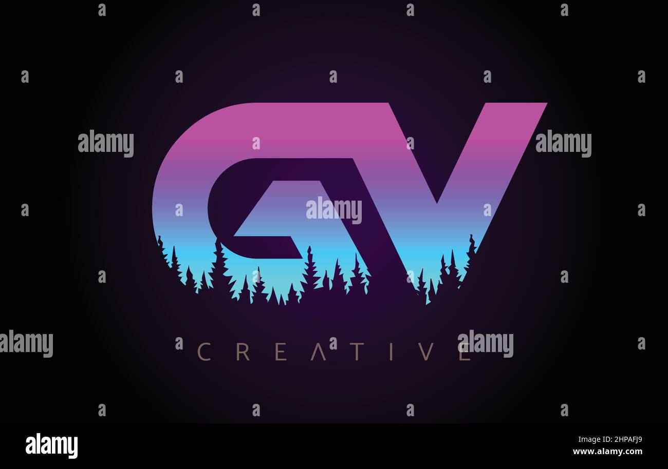 GV Letters Logo Design with Purple Blue Colors and Pine Forest Trees ...