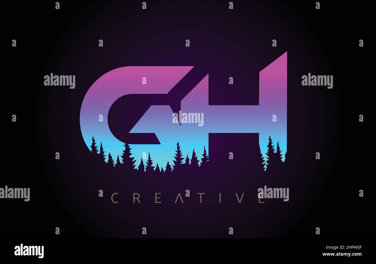 GH Letters Logo Design with Purple Blue Colors and Pine Forest Trees ...