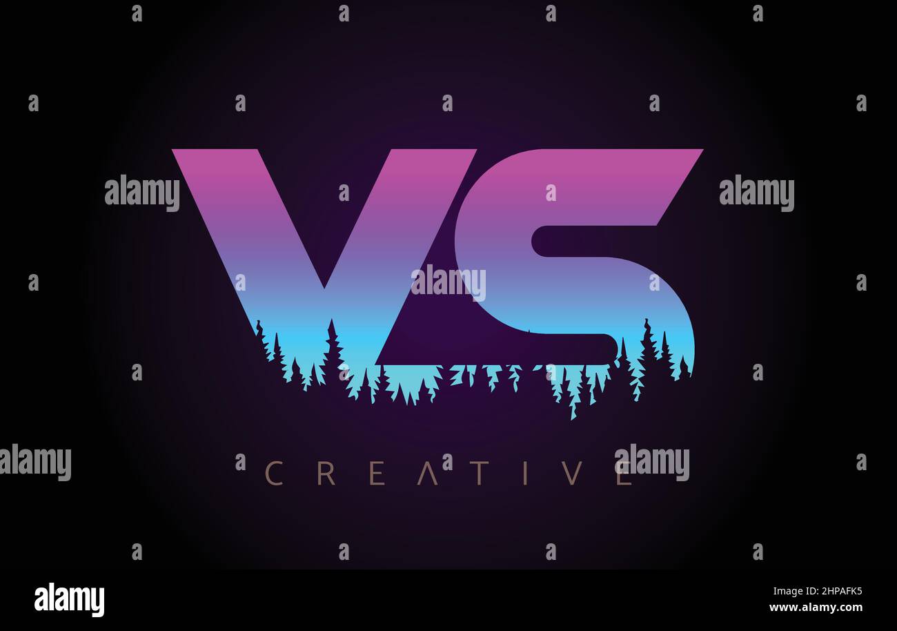 VS Letters Logo Design with Purple Blue Colors and Pine Forest Trees ...