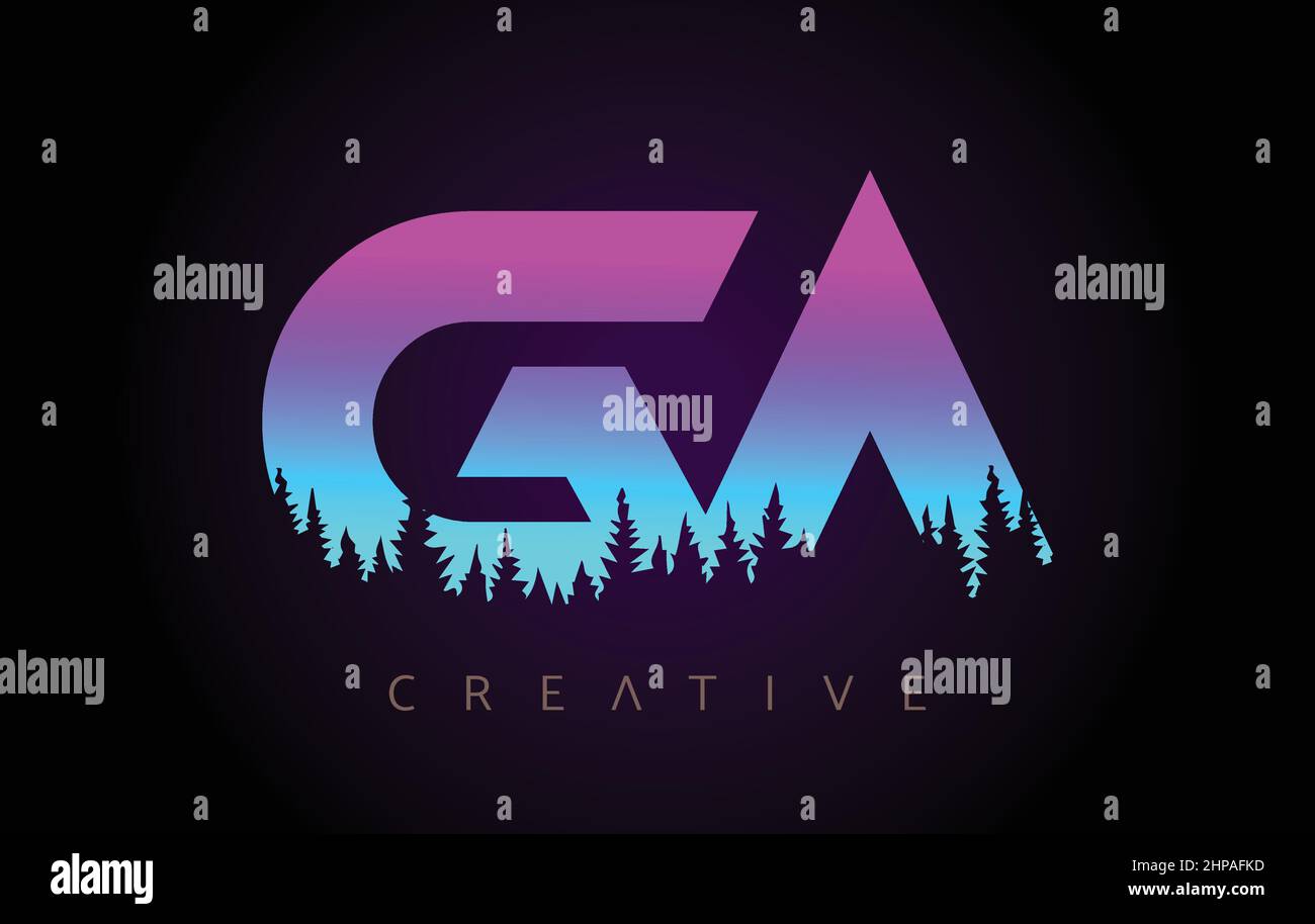 GA Letters Logo Design with Purple Blue Colors and Pine Forest Trees ...