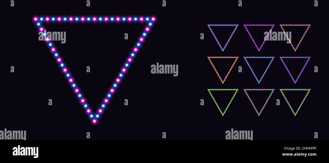 Neon triangle frame with bicolor lamps. Glowing neon triangle border ...