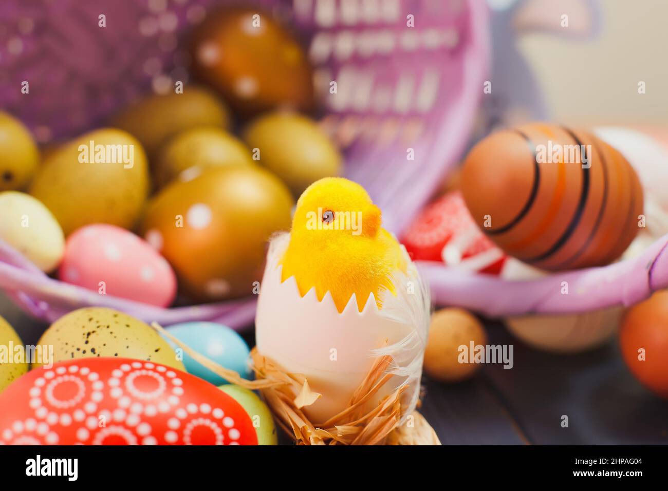 Chicks on a blue wooden background. The minimal concept Stock Photo - Alamy