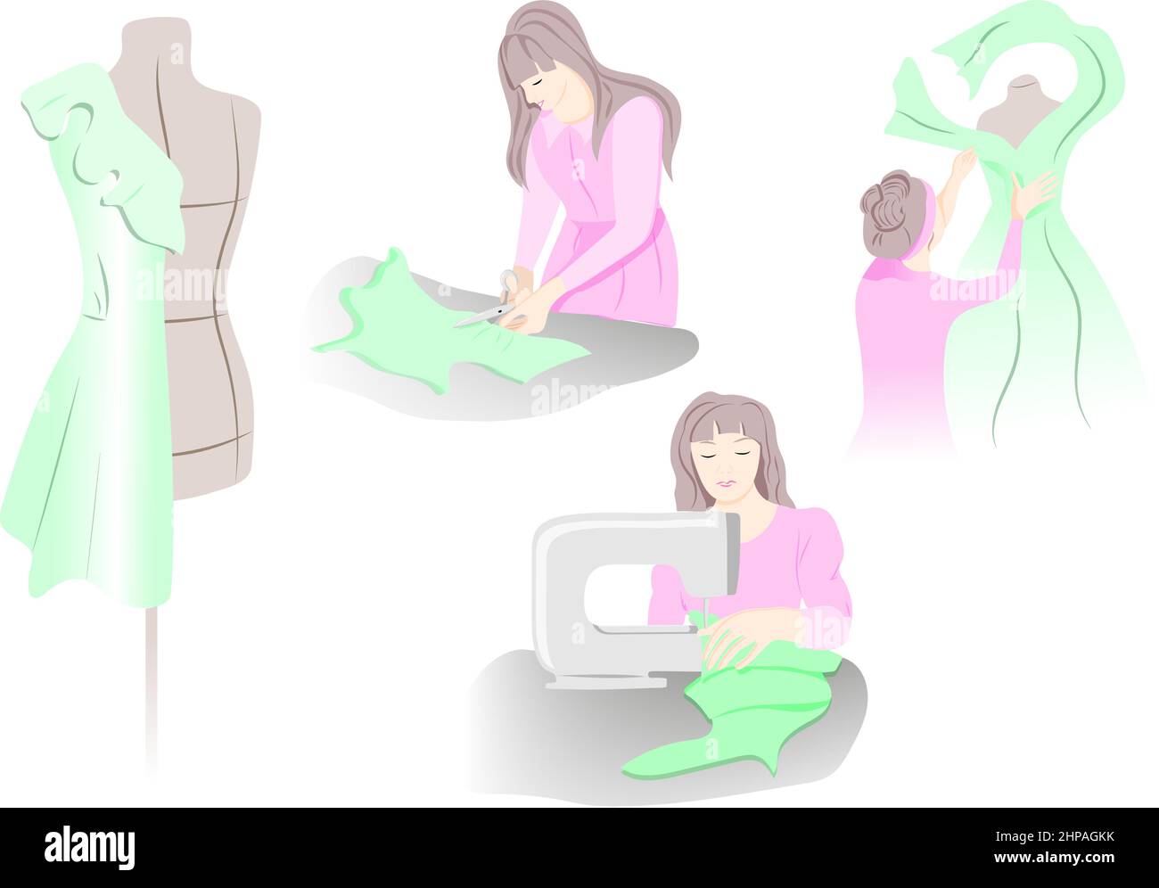 Tailor holding thread with needle, smiling. Fabric cutting, pattern ...