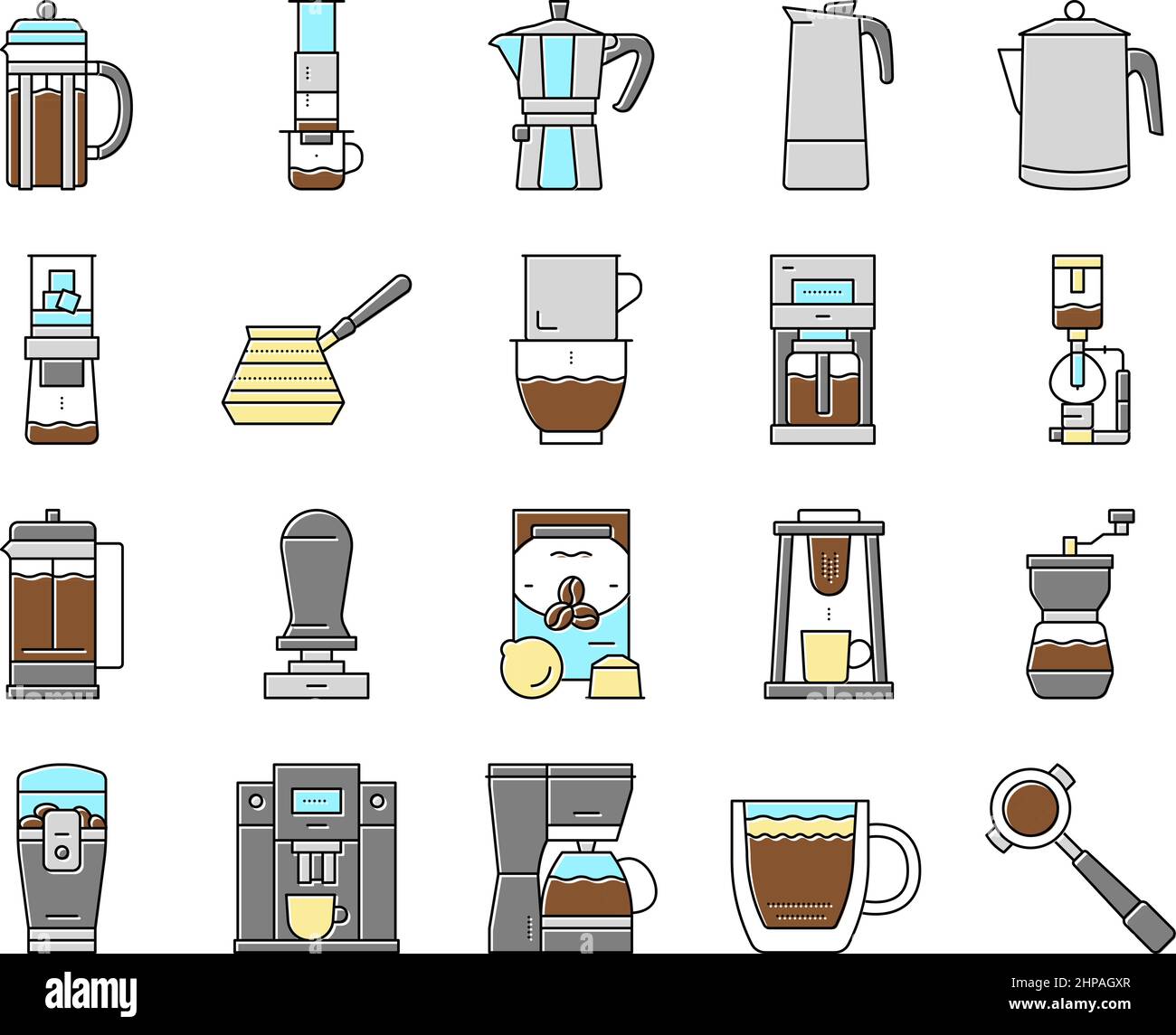Coffee Make Machine And Accessory Icons Set Vector Stock Vector Image ...
