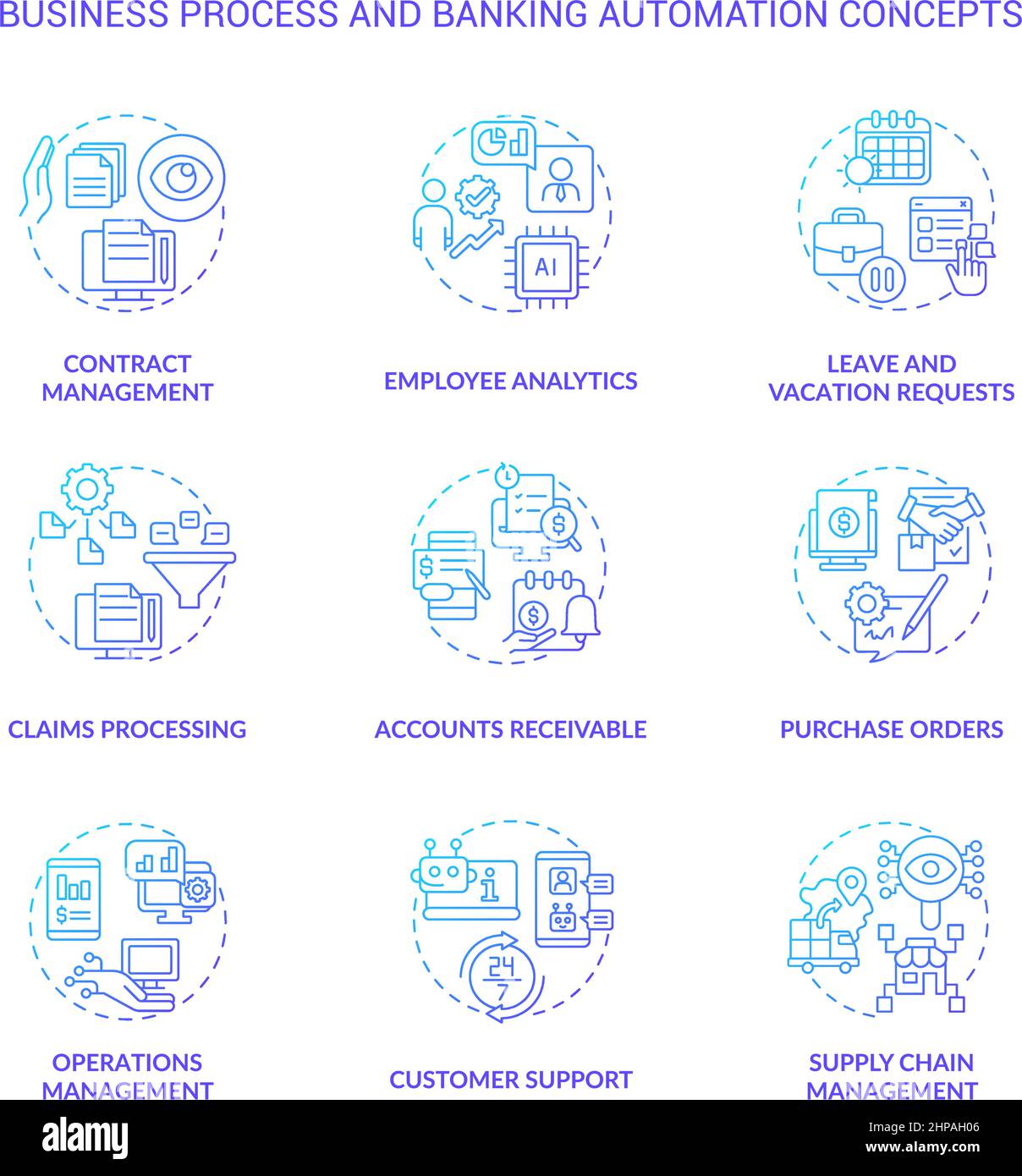 Business process and banking automation blue gradient concept icons set ...