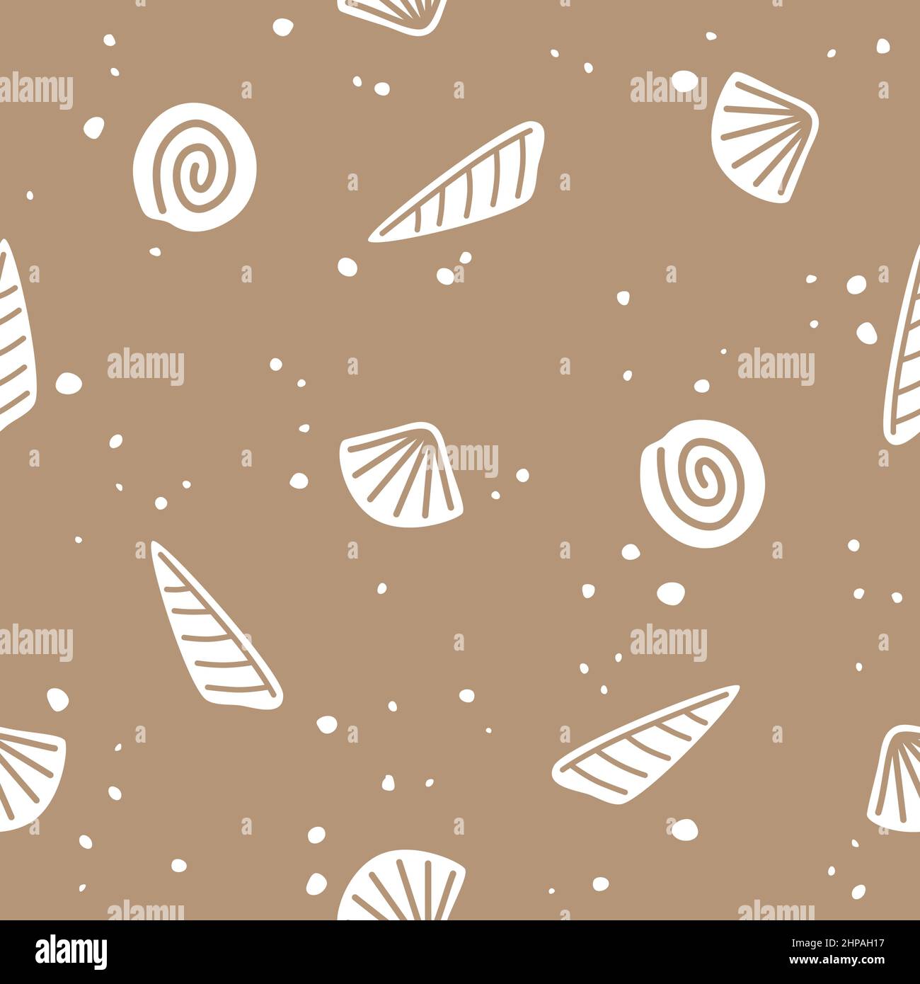 White sea shells on a beige background. Vector Seamless pattern Stock ...