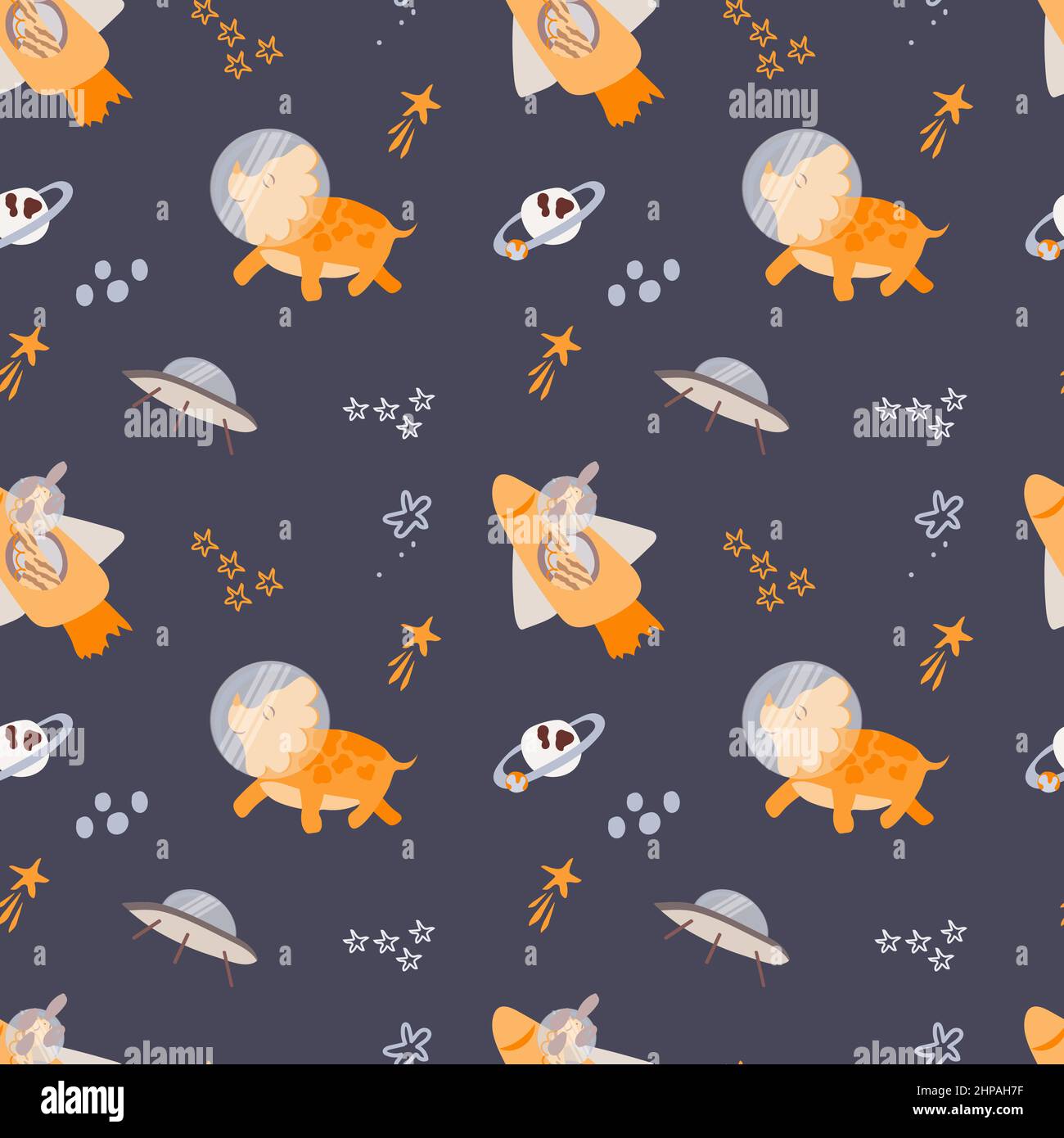 Flying dinosaurs seamless pattern. Stars, planets. Space. Dinosaurs in ...