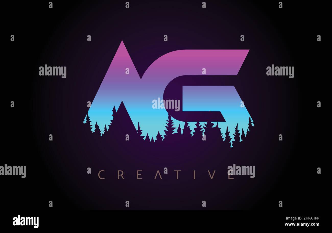 AG Letters Logo Design with Purple Blue Colors and Pine Forest Trees ...