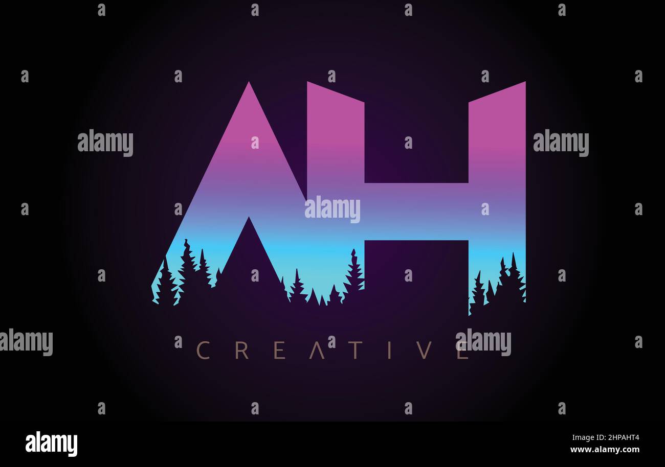 AH Letters Logo Design with Purple Blue Colors and Pine Forest Trees ...