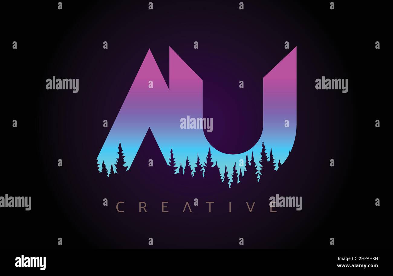 AU Letters Logo Design with Purple Blue Colors and Pine Forest Trees ...