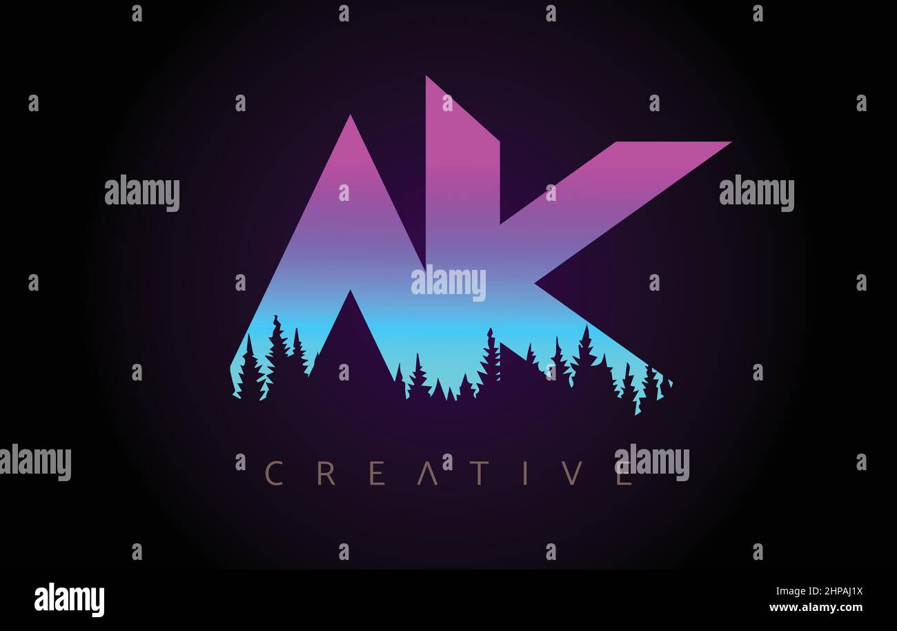 AK Letters Logo Design with Purple Blue Colors and Pine Forest Trees ...