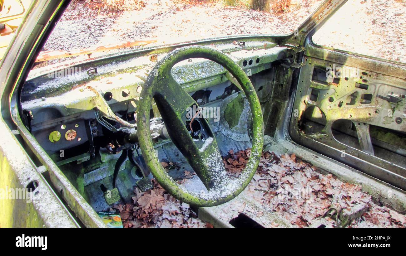 Interior of an abandoned old vintage car Stock Photo - Alamy