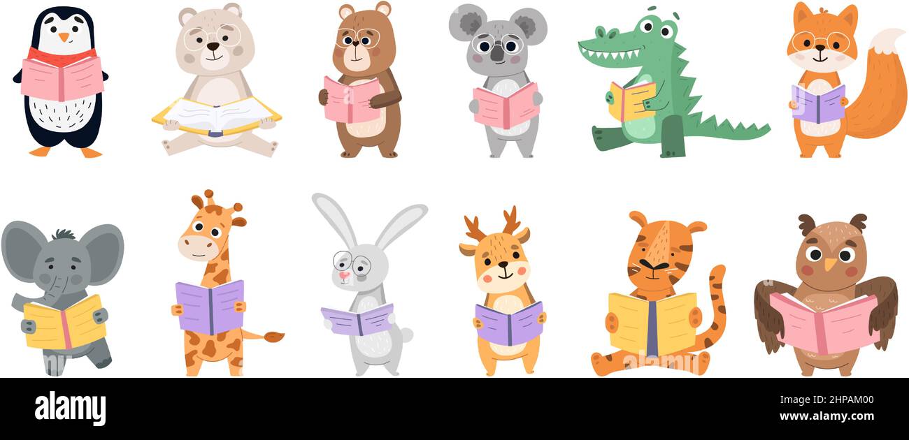 Animals book lovers, reading fox, bear and rabbit. Smart animals learn ...
