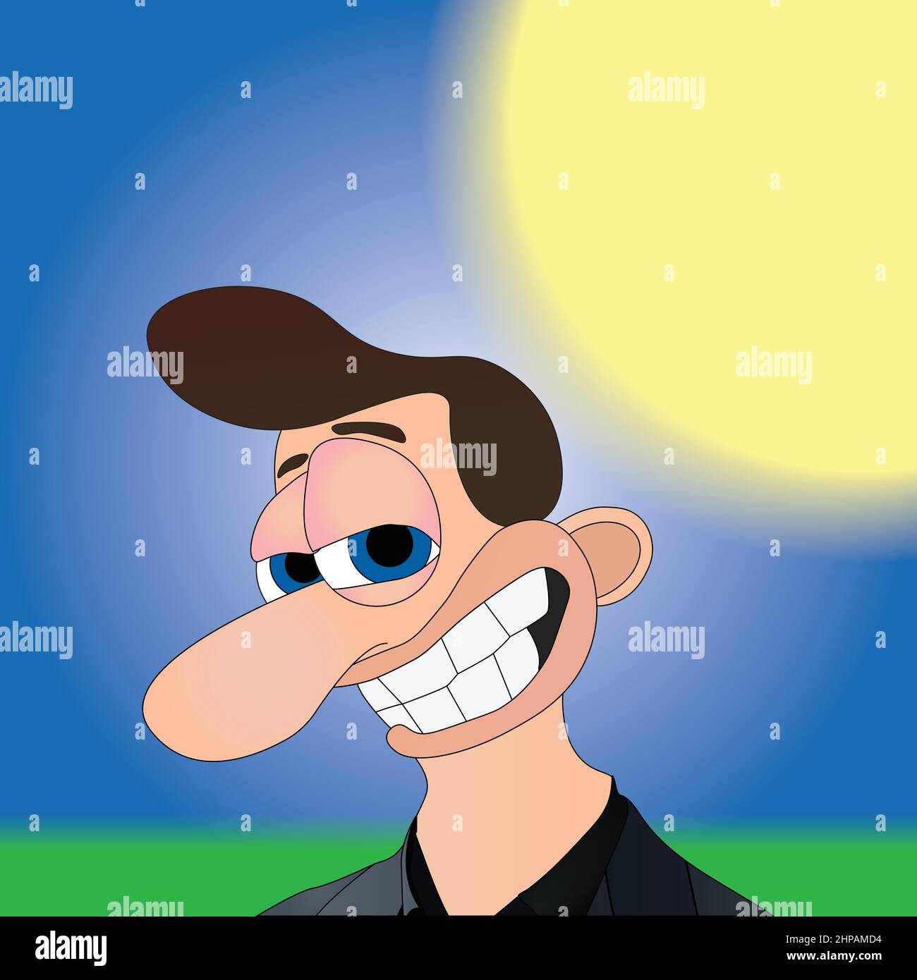 Happy smiling cartoon man with a sun, sky and grass in the background ...