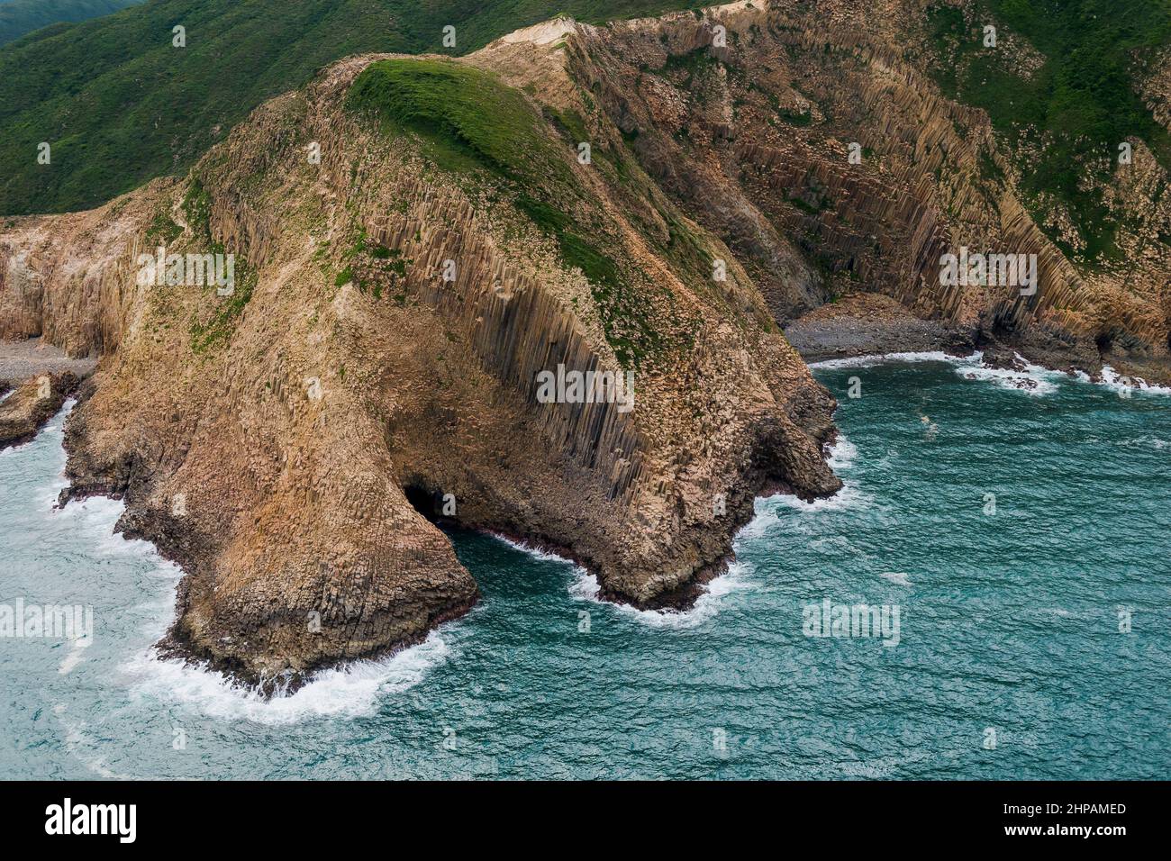 Aerial from helicopter showing columnar basalt rock formation, Hong ...