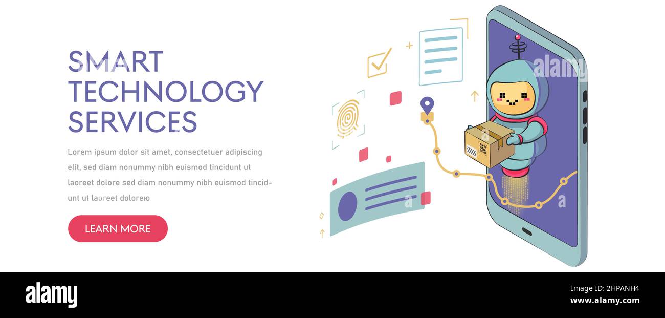 Chatbot isolated on white background. The bot holds the box and helps ...