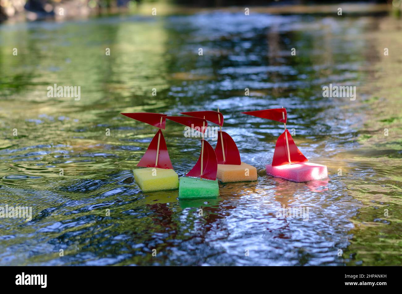 Regatta of homemade sailboats. Boats from kitchen sponges. Children's ...