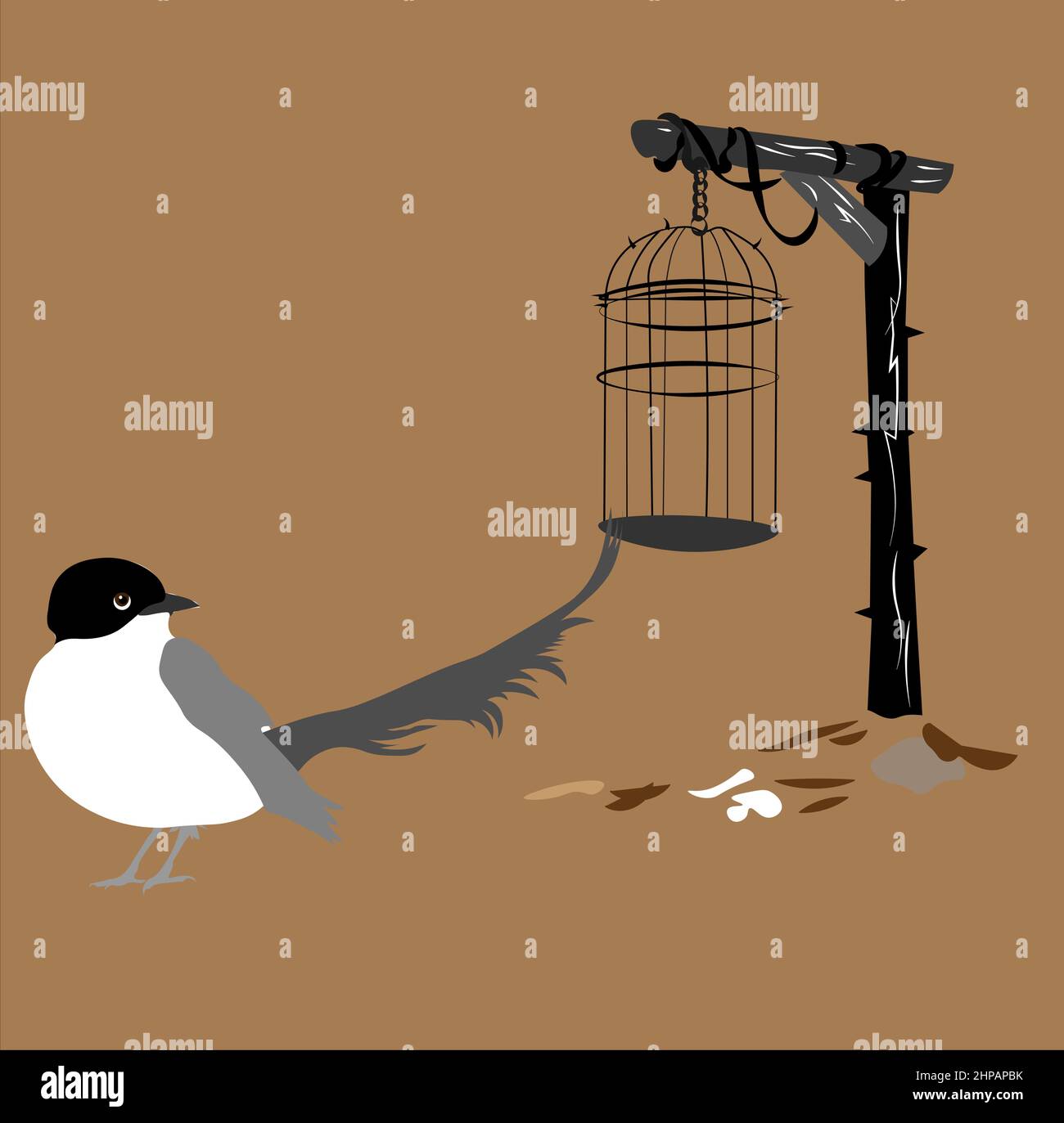Bird looking back on a cage, Illustrative Concept Stock Photo - Alamy