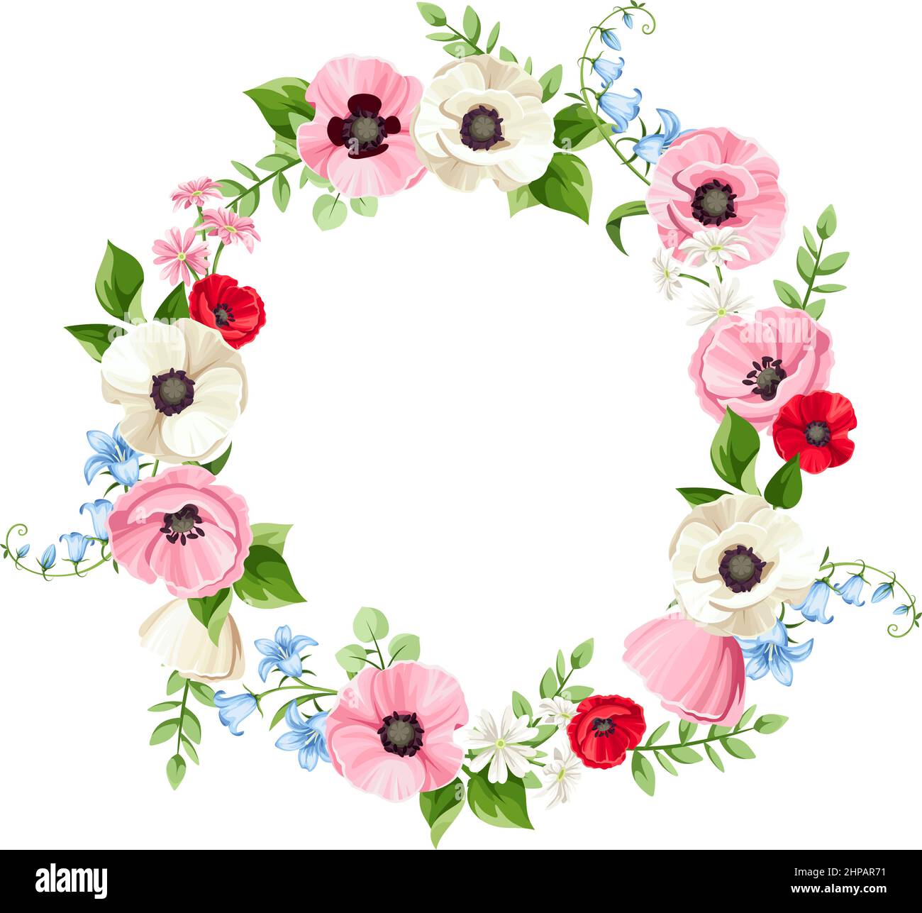 Vector floral wreath with red, pink, blue, and white poppy and bluebell ...