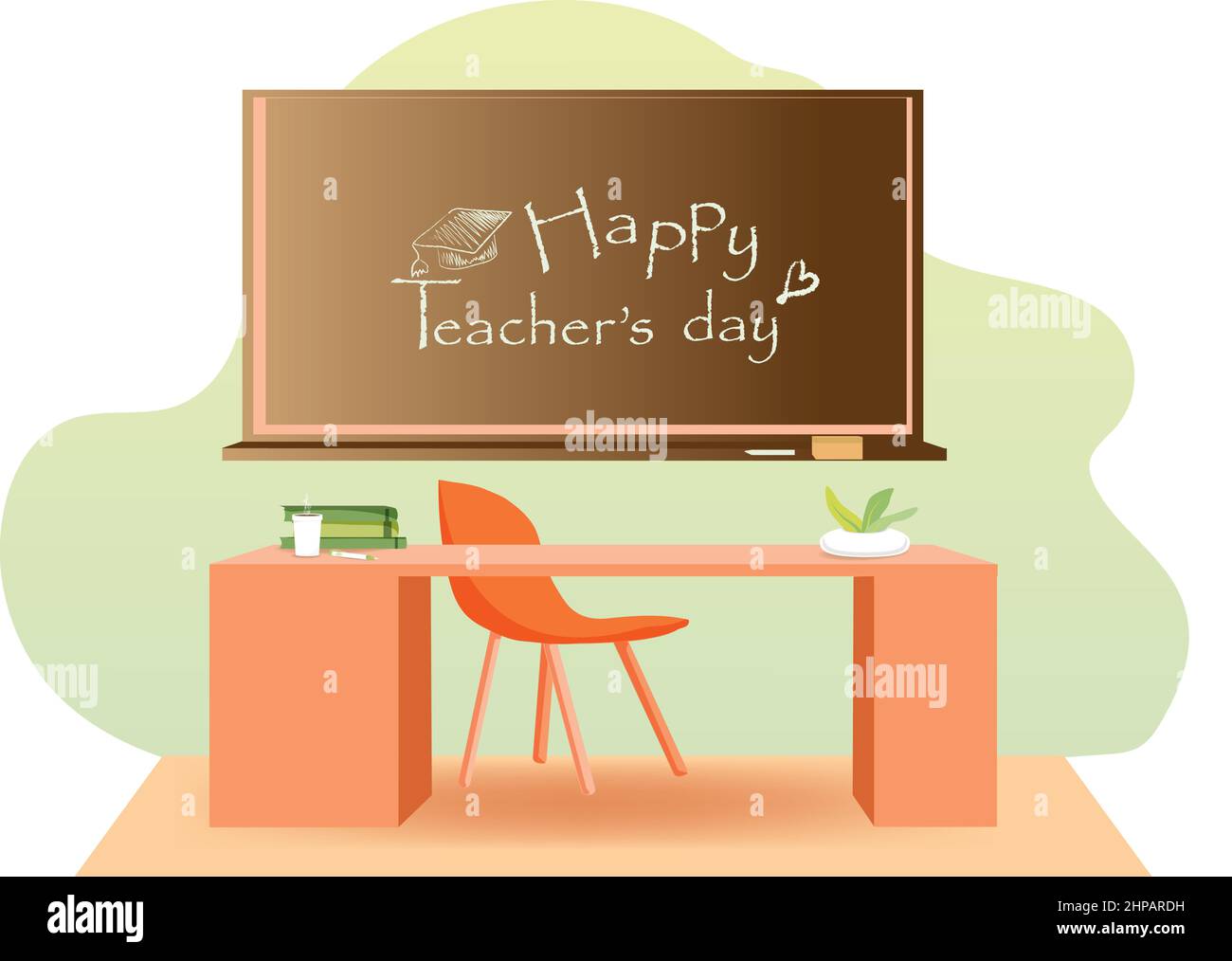 Happy teacher's day concept. Teacher's office. Board and table with a ...