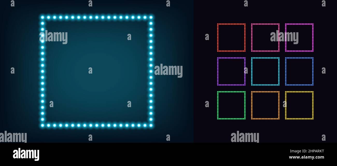 Neon square frame with lamps. Glowing neon box, border set with bulbs ...