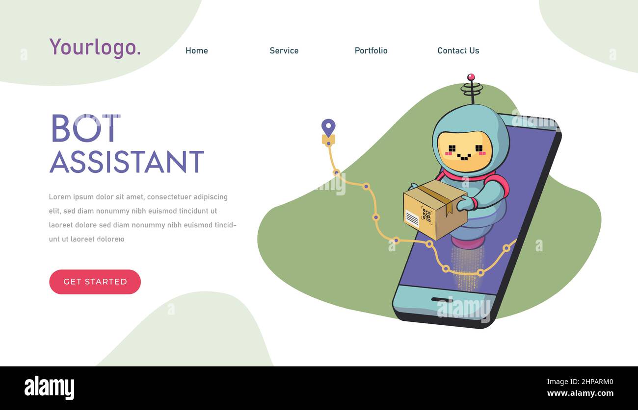 Chatbot isolated on white background. The bot holds the box and helps ...