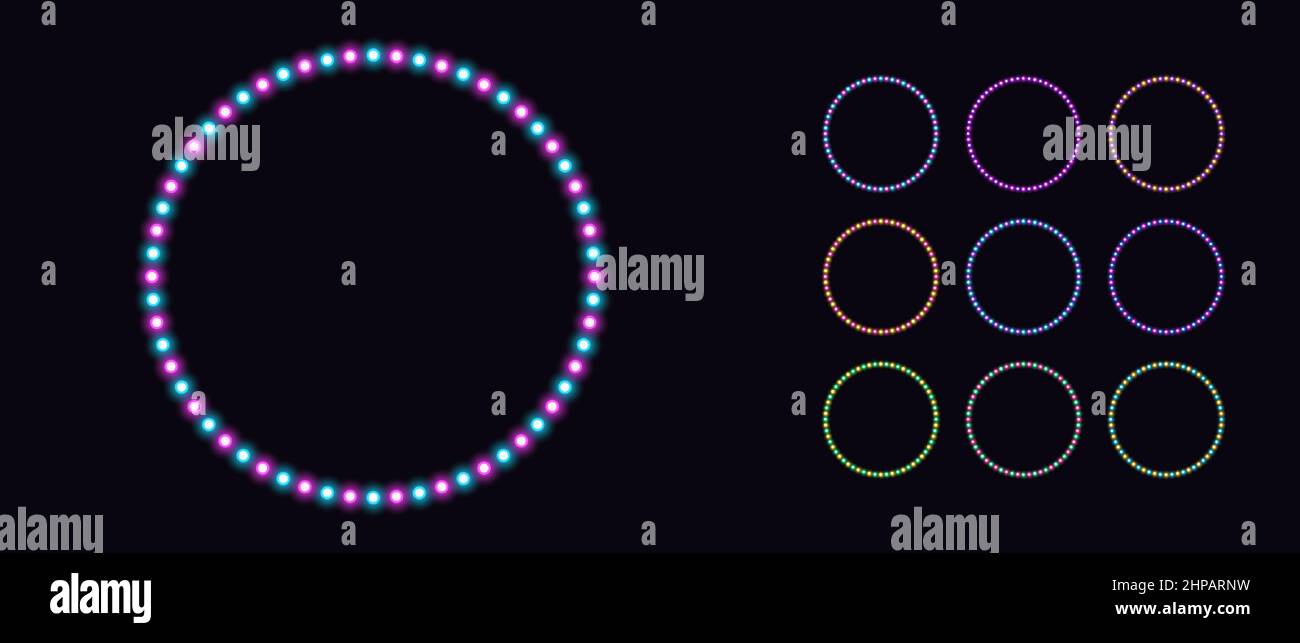 Neon circle frame with bicolor lamps. Glowing neon round border set ...