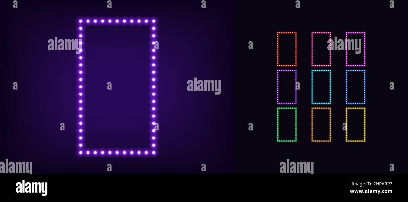 Neon rectangle frame with lamps. Glowing neon rectangle border set with ...