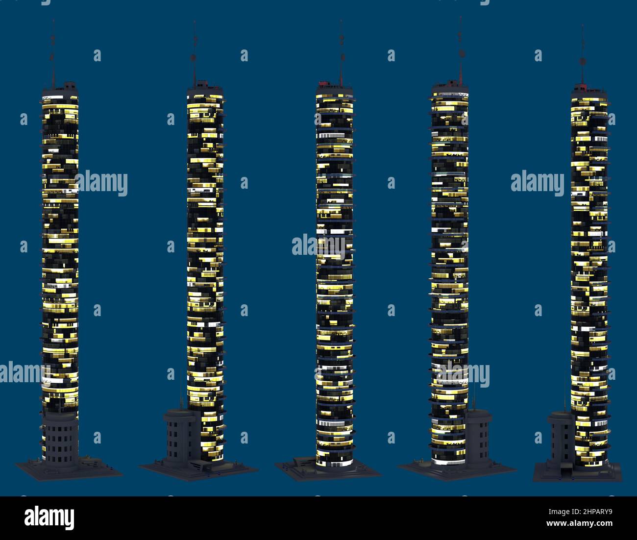 hi-tech fictional skyscrapers at night time with lights on, isolated ...