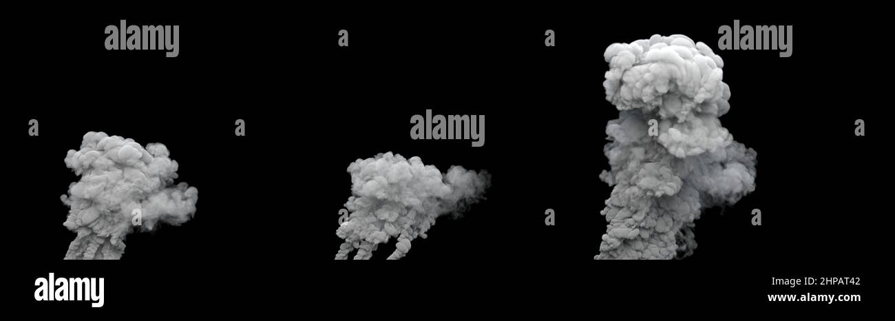 3 white co2 emissions smoke columns from volcano on black, isolated ...
