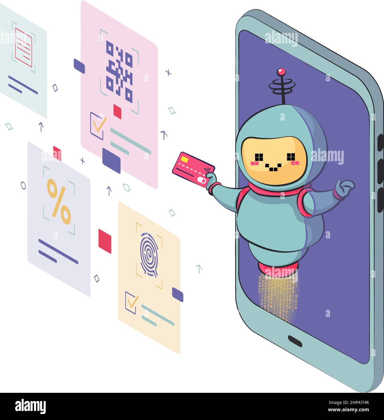 Chatbot isolated on white. The bot is holding a credit card. The robot ...