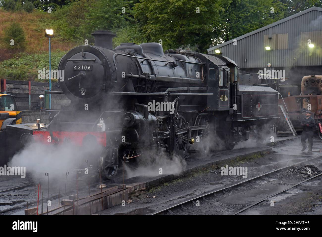 Train driver performs early morning checks on Ex LMS steam loco 43106 ...