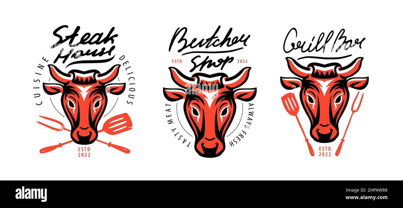 Bull with barbecue tools logo vector. Emblem for Butcher shop, Grill ...