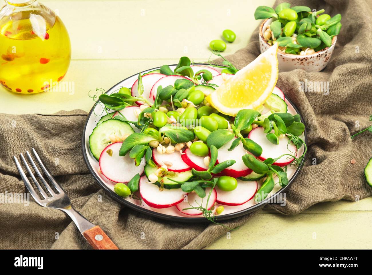 Spring salad plate with radish, cucumber, green pea, sunflower, soy and ...