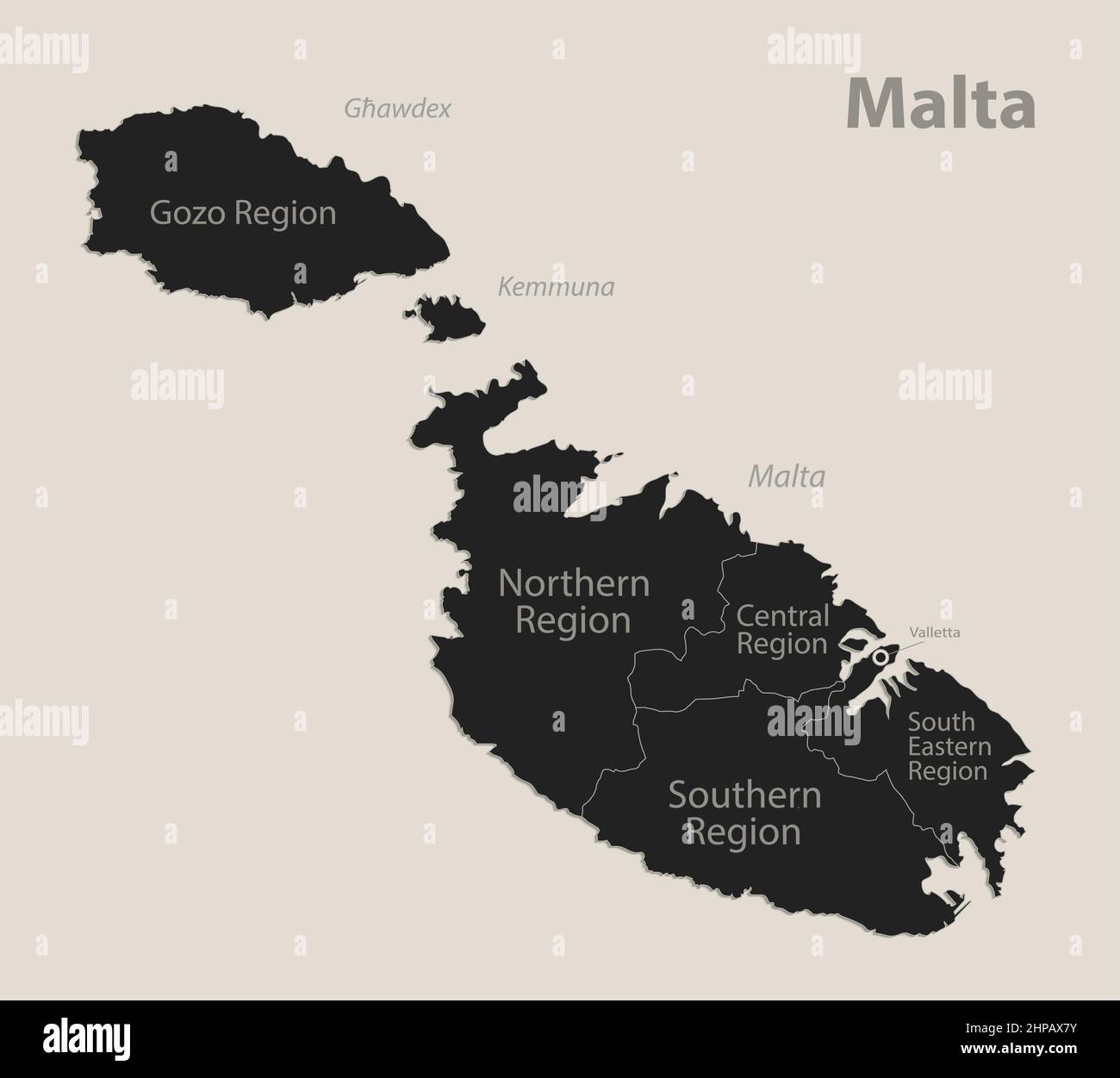 Black map of Malta regions with names, design blackboard vector Stock ...