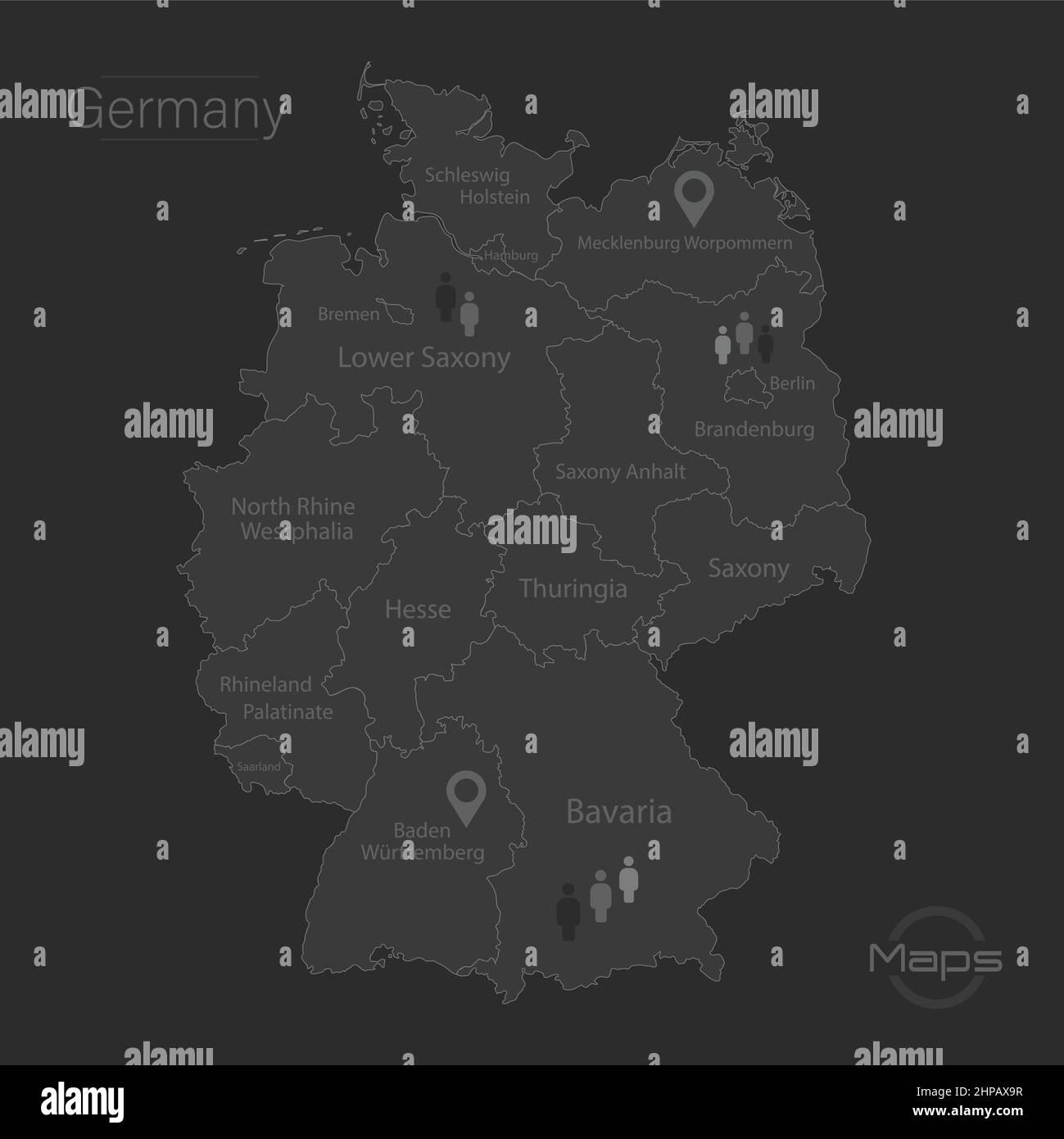 Germany map, individual regions with names, design dark blackboard ...