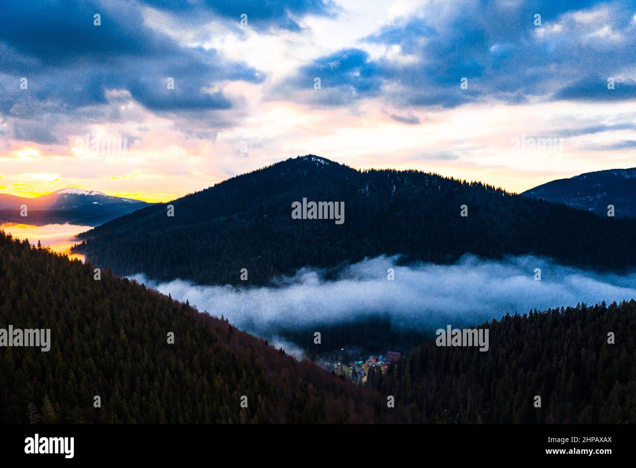 authentic dawn in the Carpathians, Synevyrska Polyana National Park ...