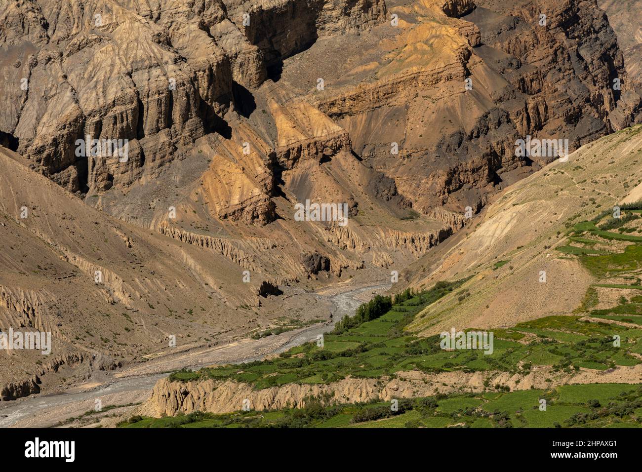 Deep valley and mountains seen near lalung village at Spiti Valley ...