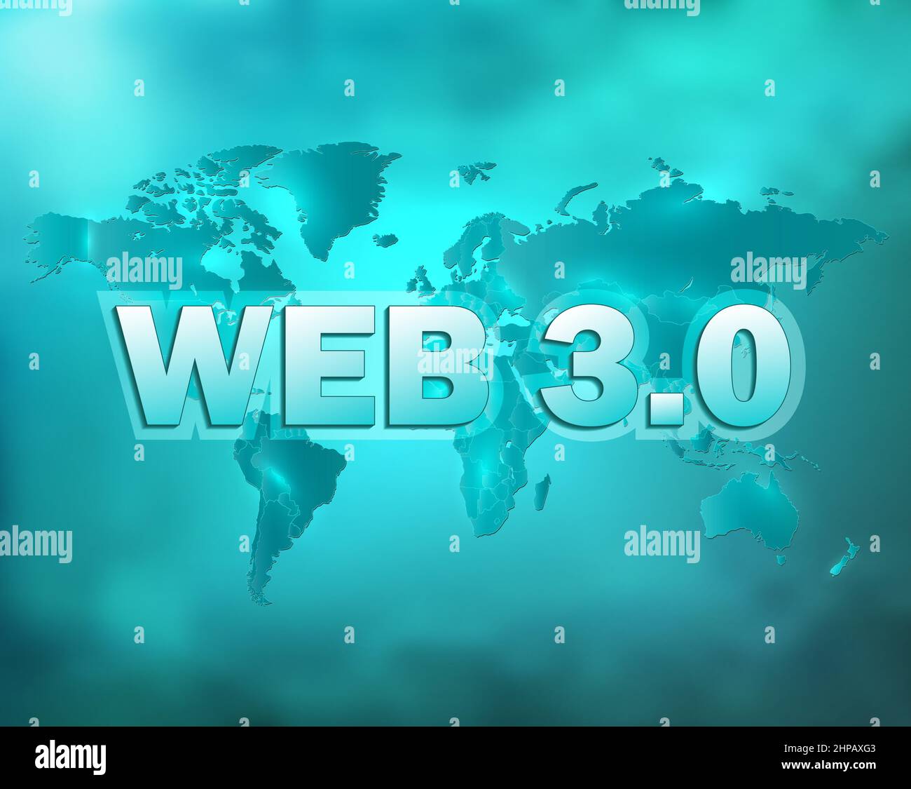 WEB 3.0 text banner with world map on turquoise bright glowing ...