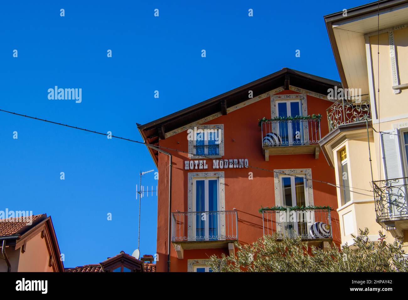 Facade of Hotel Moderno in Stresa, Italy against a clear blue sky Stock ...