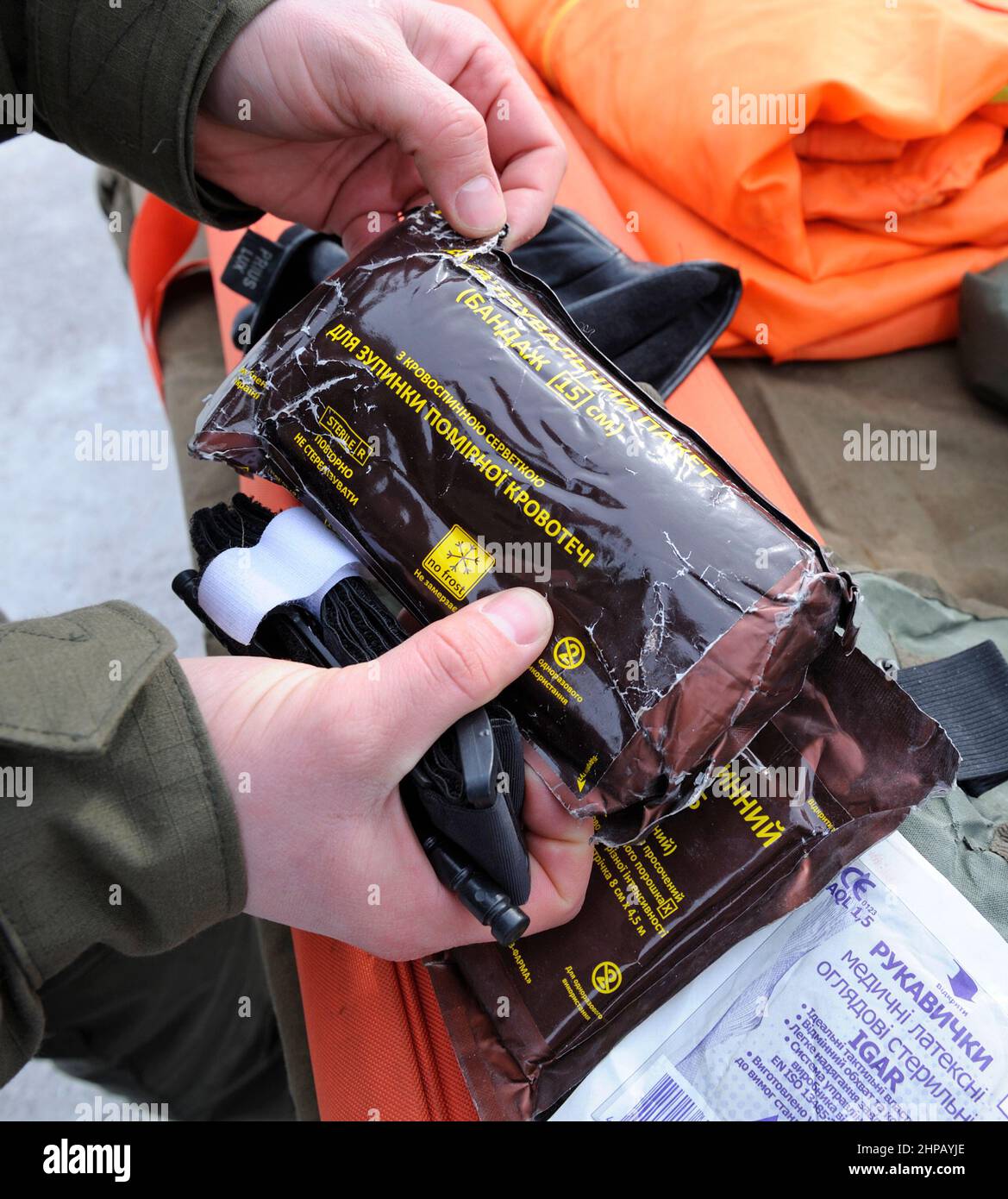First-aid kit for soldiers placed on a table during military training ...