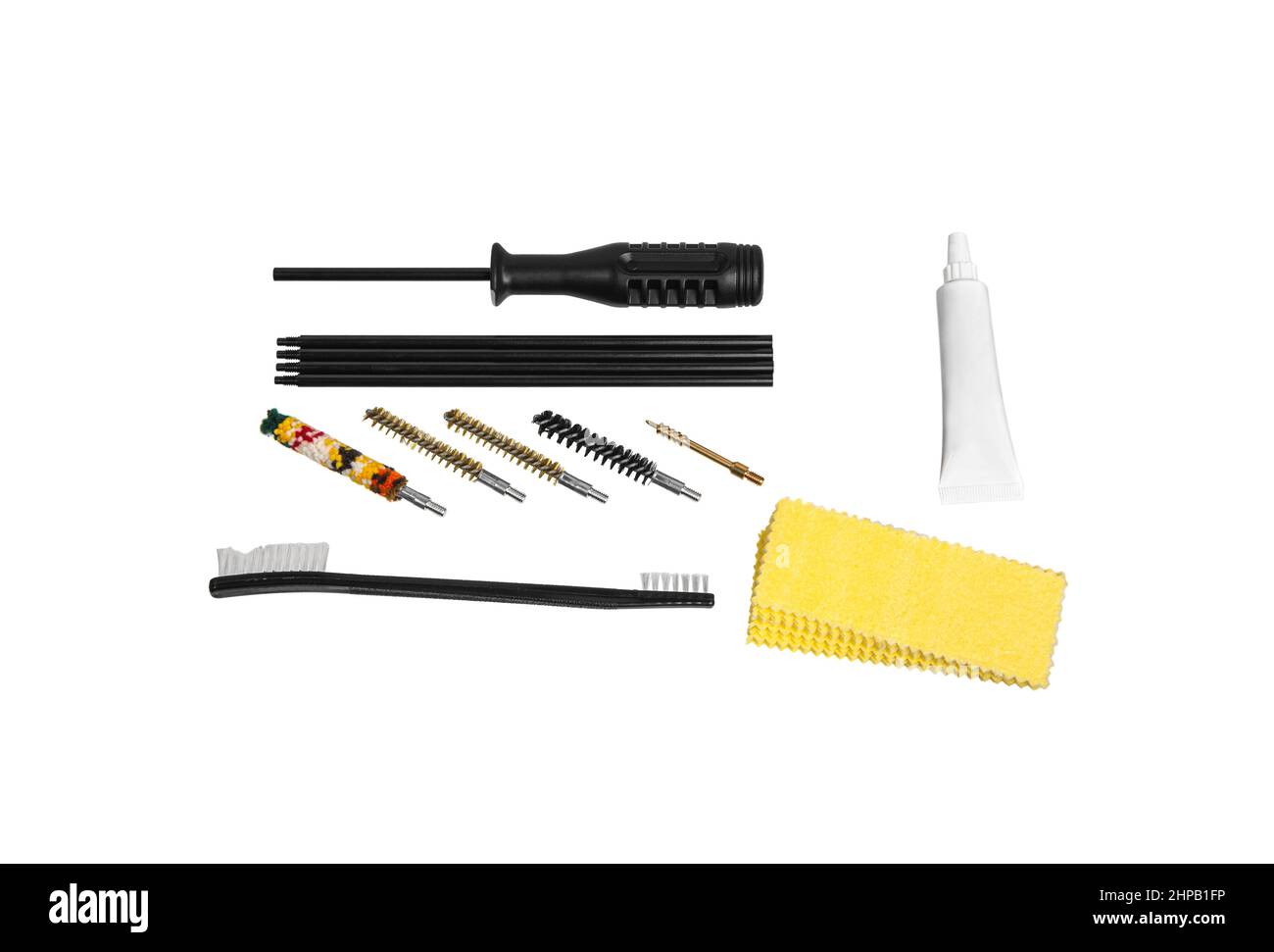 Weapon cleaning kit. Brushes, ramrod, patches and cleaning fluid ...