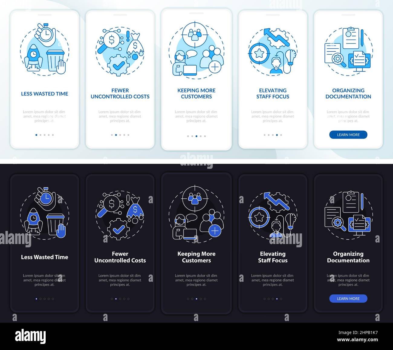 Benefits of BPA night and day mode onboarding mobile app screen Stock ...