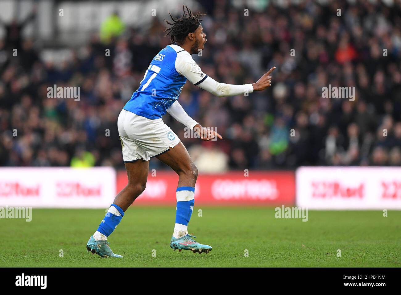 DERBY, UK. FEB 19TH Ricky Jade-Jones of Peterborough United gestures ...