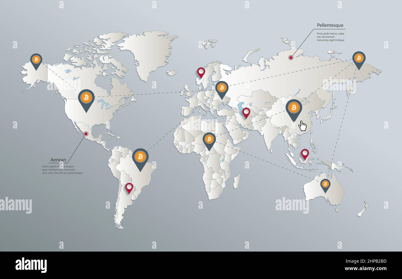 World map, bitcoin network and location pointer, blue white card paper ...