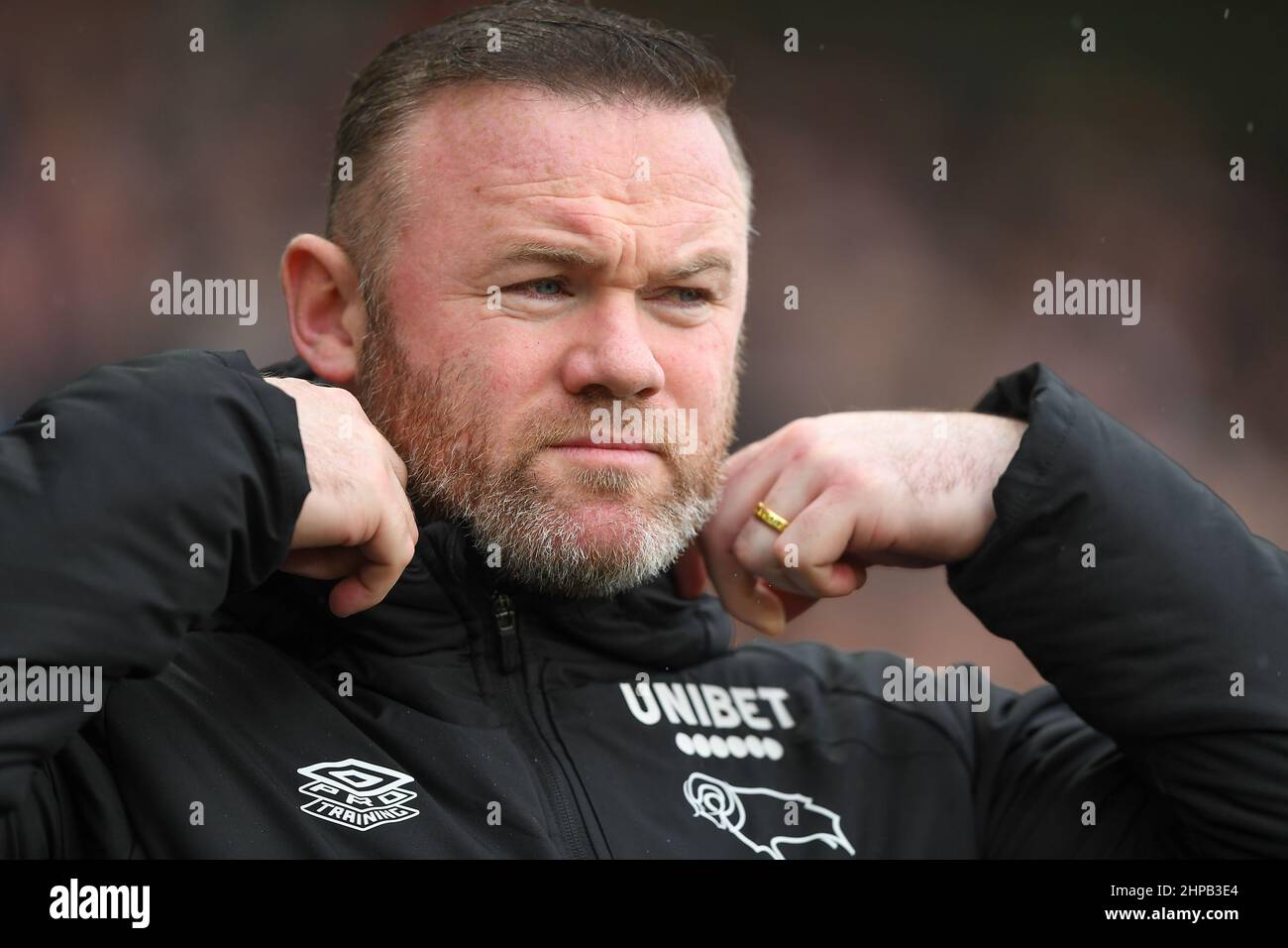 DERBY, UK. FEB 19TH Wayne Rooney, manager of Derby County during the ...