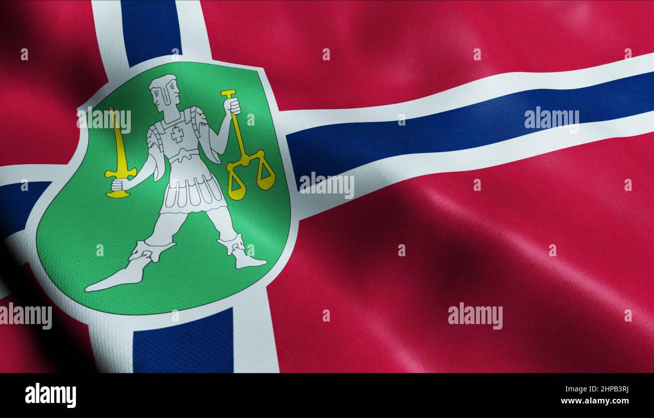 3D Illustration of waving Norway city flag of Kongsberg kommune Stock ...