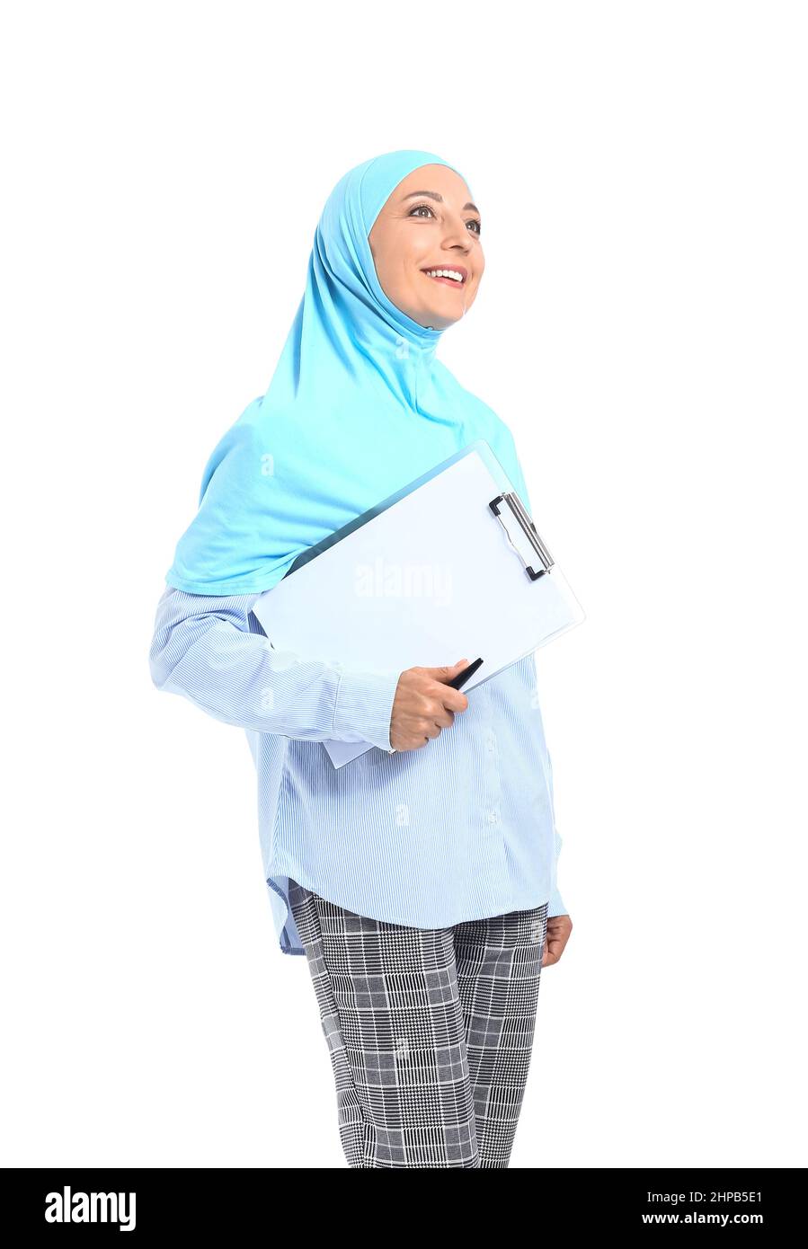 Portrait of Muslim secretary with clipboard on white background Stock ...